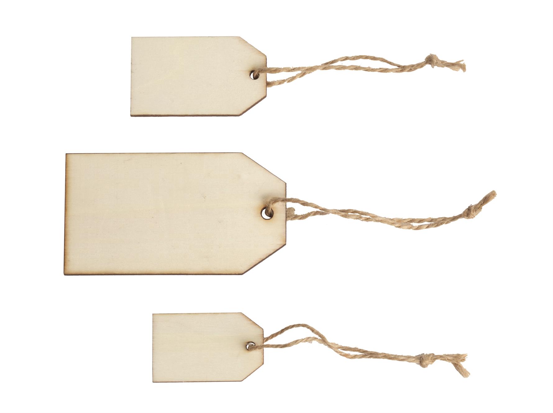 Jongeneel Verpakkingen. Pak à 24 houten label met touwtje 3x5 cm